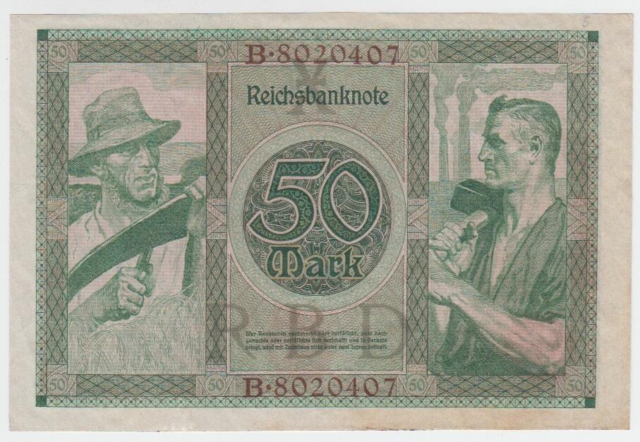 Deutschland 50 Reichsmark Reichsbanknote 50 Reichsmark Banknote 23 ...