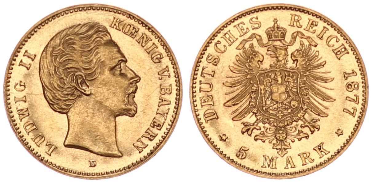 5 Mark Gold 5 Mark 1877 D - Bayern König Ludwig II - Gold vz/vz-st | MA ...