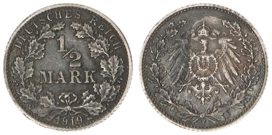 1919 F 1/2 Mark Silber - Deutsches Kaiserreich geschwärzt, ss - vz | MA-Shops