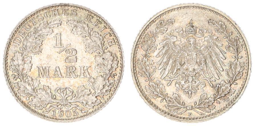 1905 D 1/2 Mark Silber - Deutsches Kaiserreich f. st / vz-st | MA-Shops