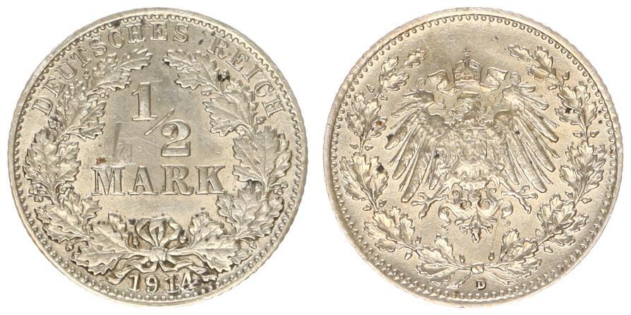 1914 D 1/2 Mark Silber - Deutsches Kaiserreich ss-vz, kl. Kratzer | MA-Shops