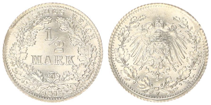 1915 F 1/2 Mark Silber - Deutsches Kaiserreich Stempelglanz, kl. Prägefehler am Rand | MA-Shops