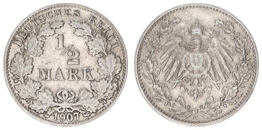 1/2 Mark Silber - 1907 J Deutsches Kaiserreich ss+ | MA-Shops