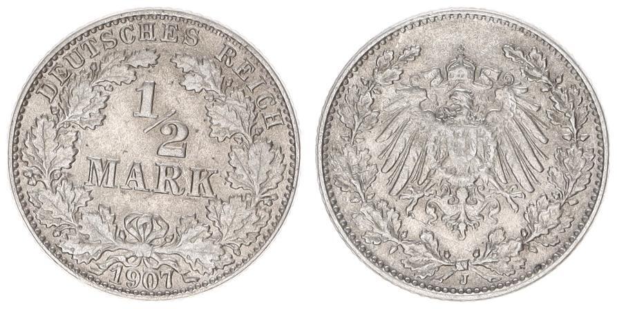1/2 Mark Silber - 1907 J Deutsches Kaiserreich ss-vz | MA-Shops