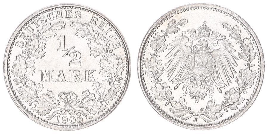 1/2 Mark Silber - 1905 J Deutsches Kaiserreich fast Stempelglanz | MA-Shops