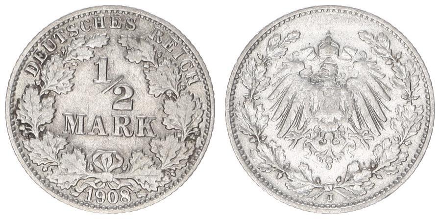 1/2 Mark Silber - 1908 J Deutsches Kaiserreich ss | MA-Shops