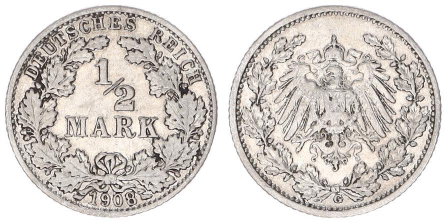 1/2 Mark Silber - 1908 G Deutsches Kaiserreich ss | MA-Shops