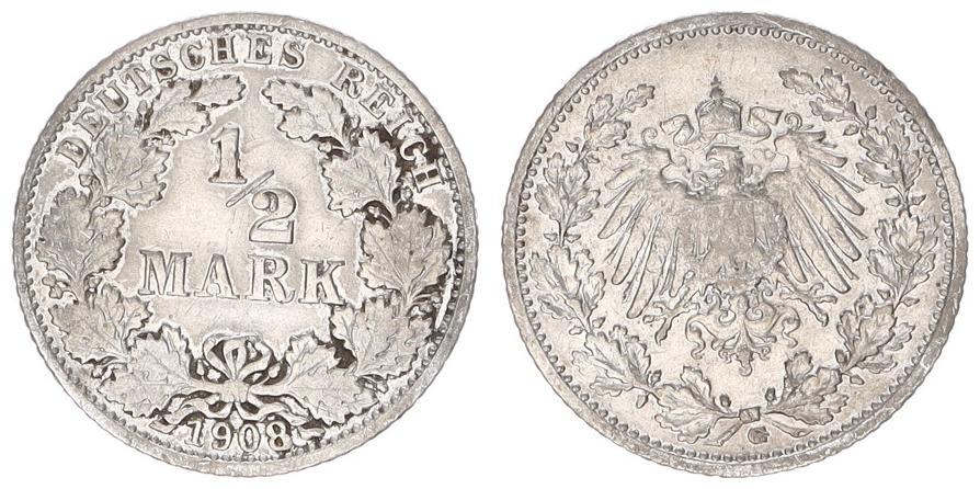 1/2 Mark Silber - 1908 G Deutsches Kaiserreich ss | MA-Shops