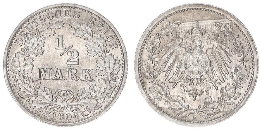 1/2 Mark Silber - 1908 A Deutsches Kaiserreich vz/vz-st | MA-Shops