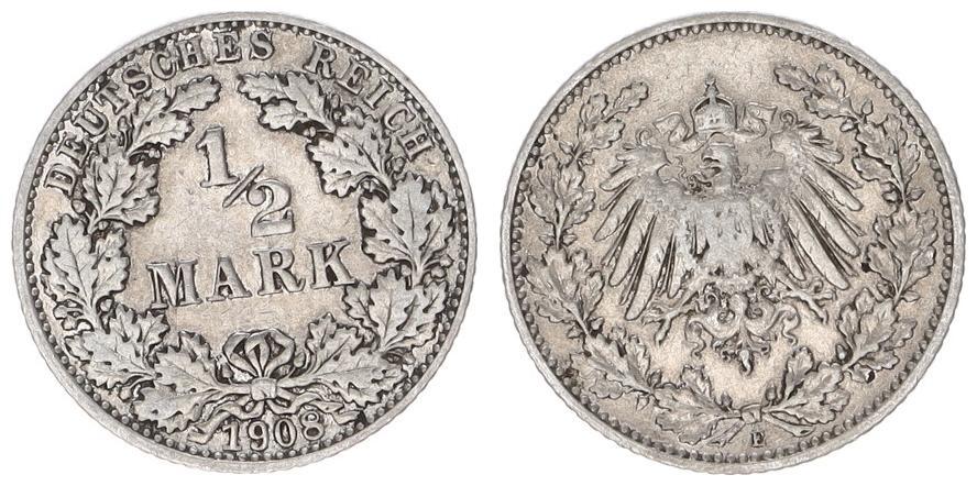 1/2 Mark Silber - 1908 E Deutsches Kaiserreich ss | MA-Shops