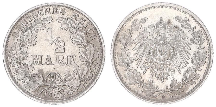 1/2 Mark Silber - 1905 F Deutsches Kaiserreich fast Stempelglanz | MA-Shops