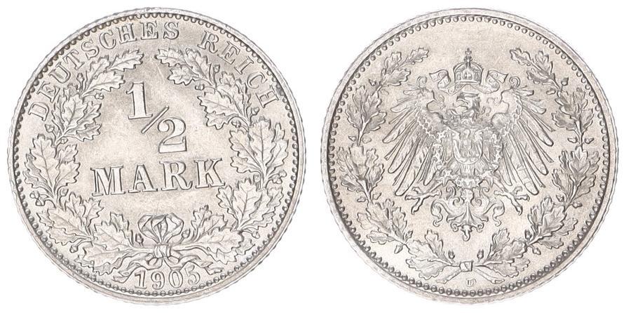 1/2 Mark Silber - 1905 D Deutsches Kaiserreich vz-st | MA-Shops