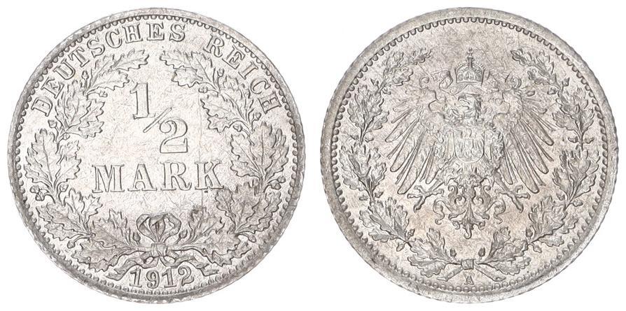 1/2 Mark Silber - 1912 A Deutsches Kaiserreich vz-st/prfr. | MA-Shops