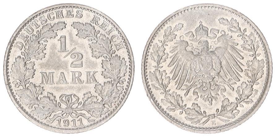 1/2 Mark Silber - 1911 E Deutsches Kaiserreich vz | MA-Shops