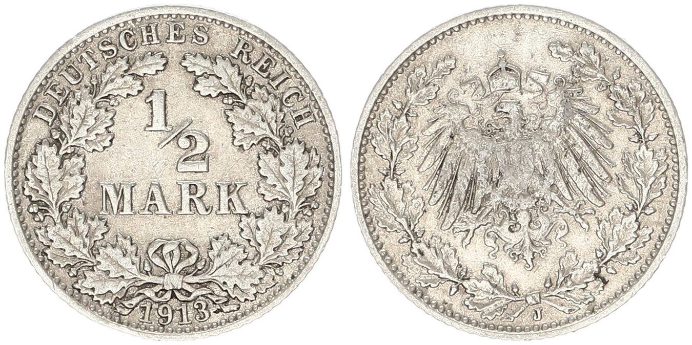 1/2 Mark Silber - 1913 J Deutsches Kaiserreich ss-vz | MA-Shops