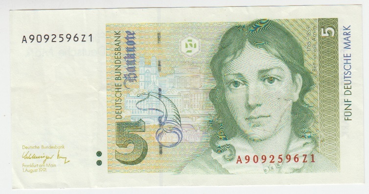 Deutschland - BRD 5 DM - 5 Deutsche Mark 1. August 1991 5 DM Banknote ...