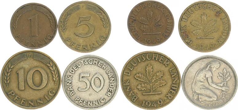 Deutschland Lot 1,5,10,50 Pfennig 1949 F 1 Satz Bank deutscher Länder ...