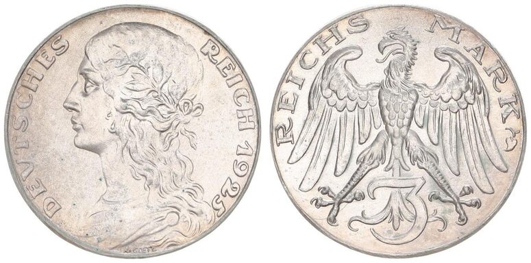 Deutschland /Weimar/ Probeprägung 3 Mark Probe 1925 ohne Münzzeichen ...