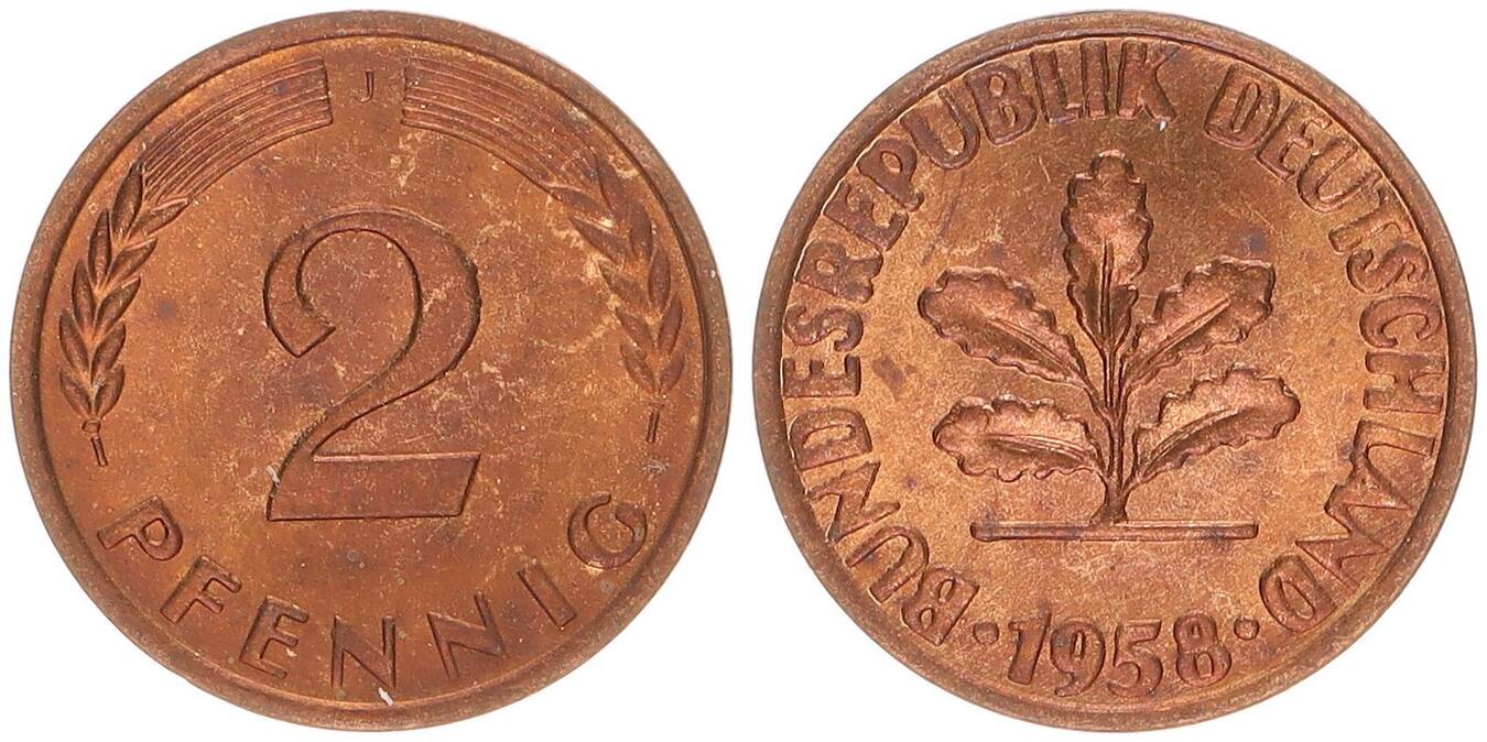 Deutschland BRD 2 Pfennig 1958 J prägefrisch | MA-Shops