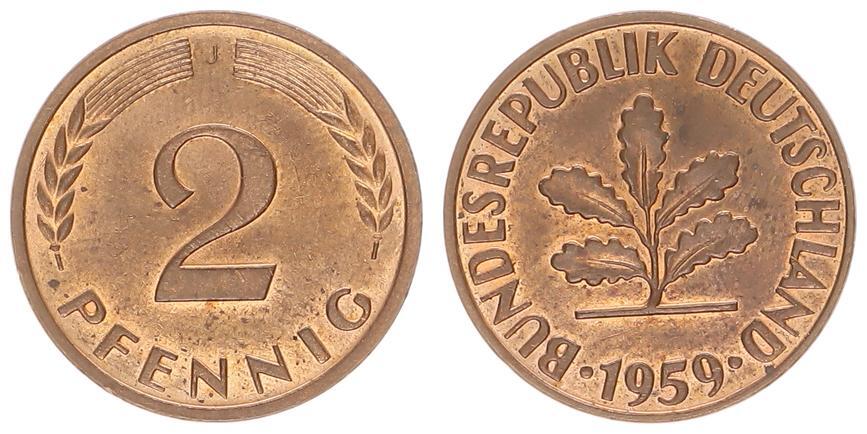 Deutschland BRD 2 Pfennig 1959 J prägefrisch | MA-Shops