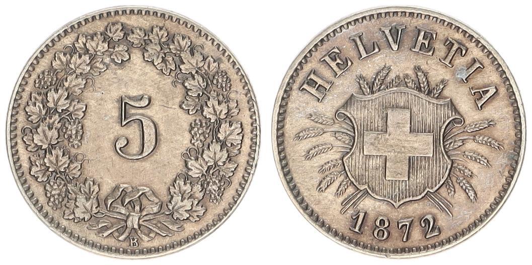 Schweiz 5 Rappen 1872, seltenes Jahr vz | MA-Shops