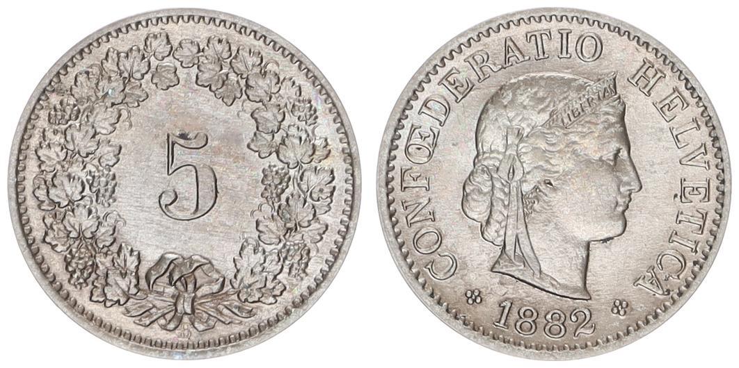 Schweiz 5 Rappen 1882, prfr. schöne Patina, prägefrisch | MA-Shops