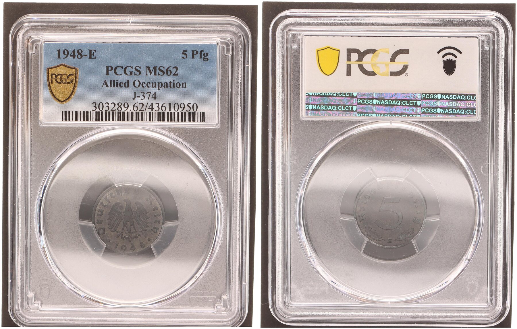 Allied Occupation 1948-E Alliierte Besetzung 5 Pfennig 1948 E prägefrisch PCGS zertifiziert PCGS ...