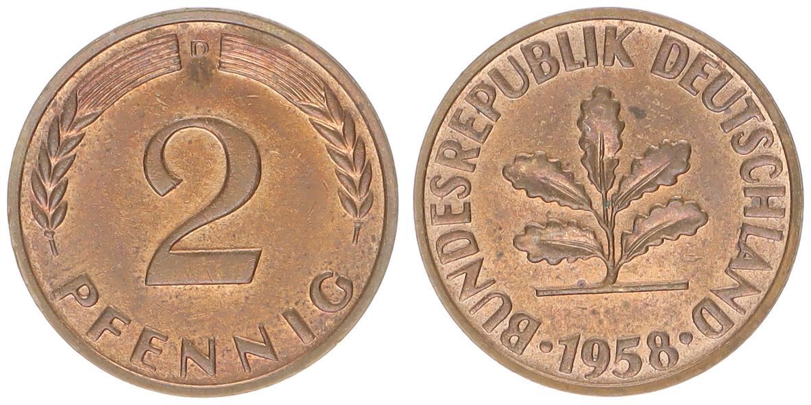 Deutschland BRD 2 Pfennig 1958 D prfr., Kupferpatina | MA-Shops