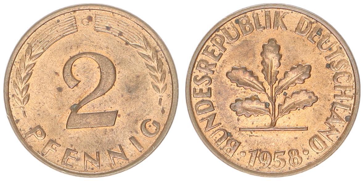 Deutschland BRD 2 Pfennig 1958 G vz-st/prfr., Kupferpatina | MA-Shops