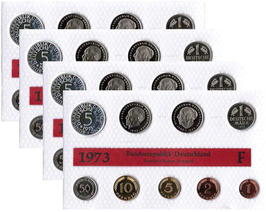 Deutschland / BRD 1Pf. bis 5 DM 1973 D,F,G,J Kurssätze 1973 DFGJ ...