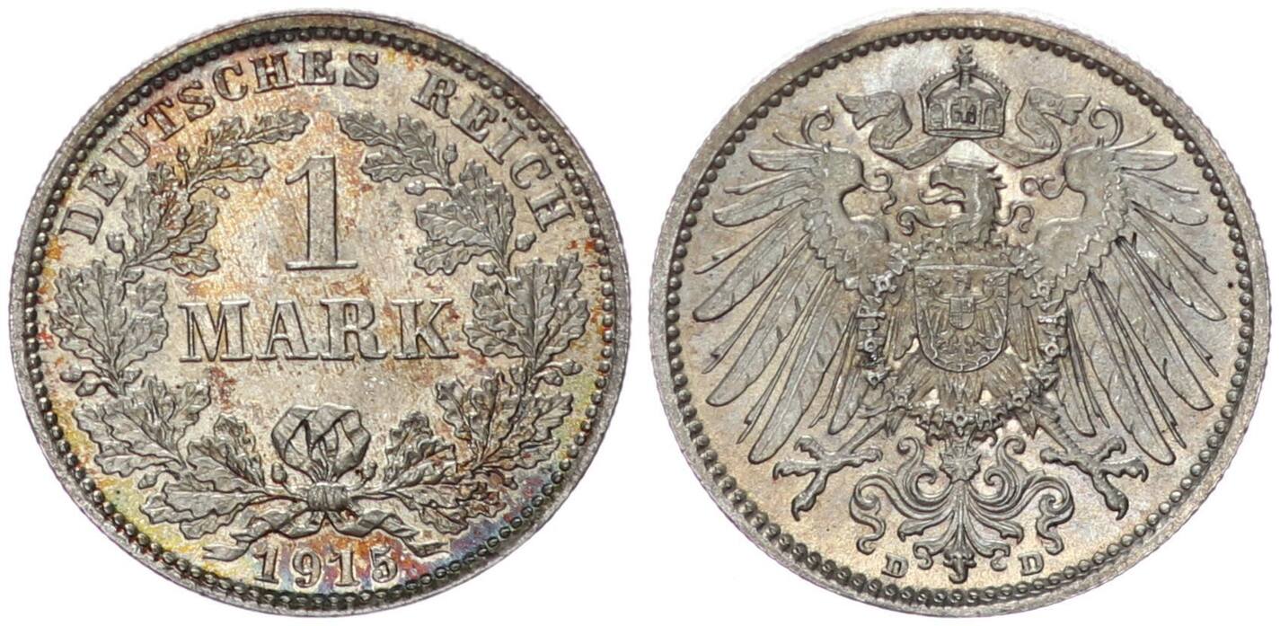 Deutsches Kaiserreich 1 Mark Kaiserreich 1 Reichsmark 1915 D Stempelglanz, Patina | MA-Shops