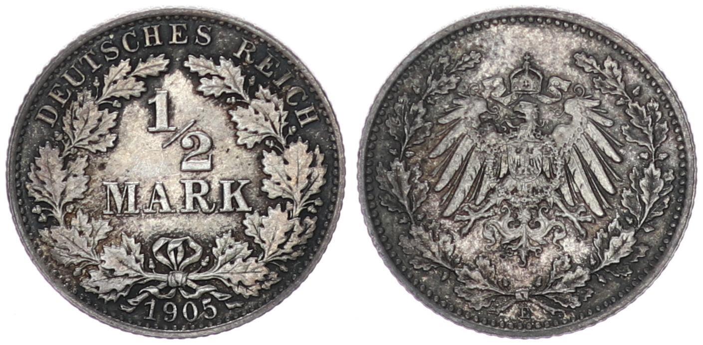Deutsches Kaiserreich 1/2 Mark Halbe Mark 1905 E - Muldenhütten - Silber Stempelglanz | MA-Shops