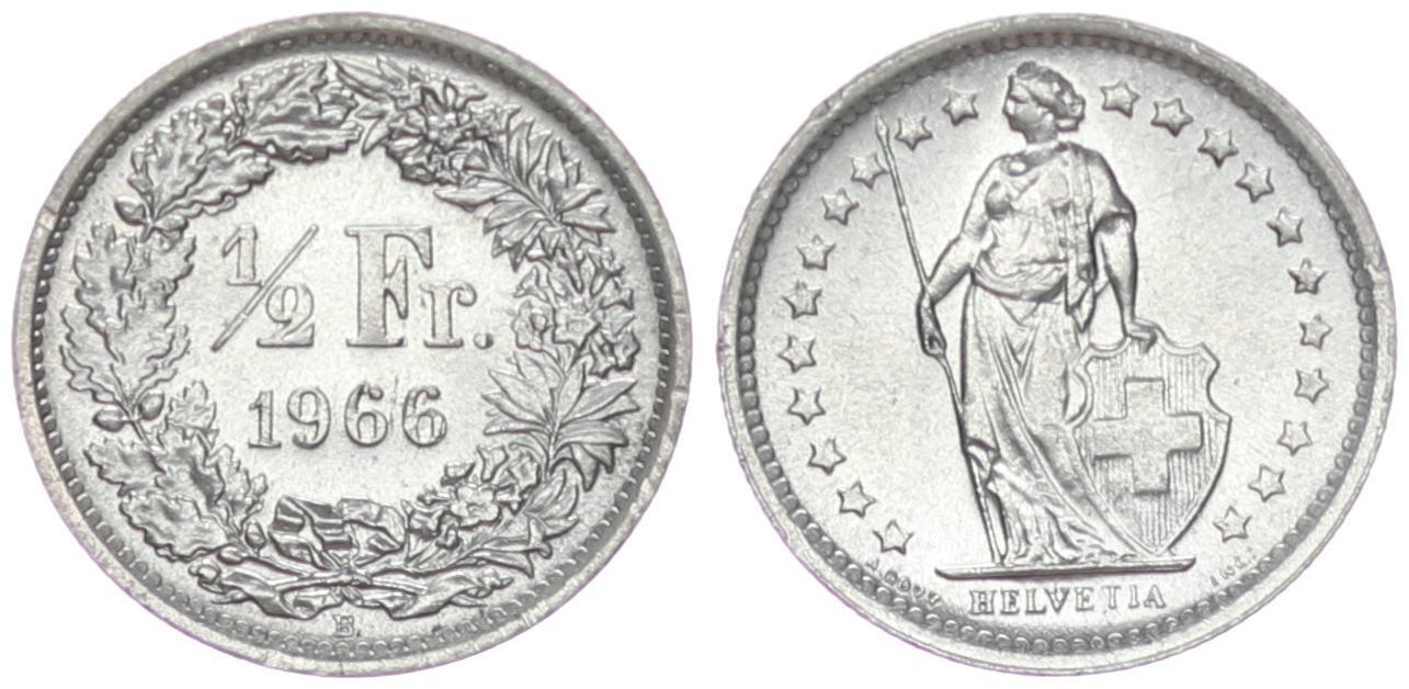Schweiz 1/2 Franken Silber 1966 B prägefrisch-Stempelglanz | MA-Shops
