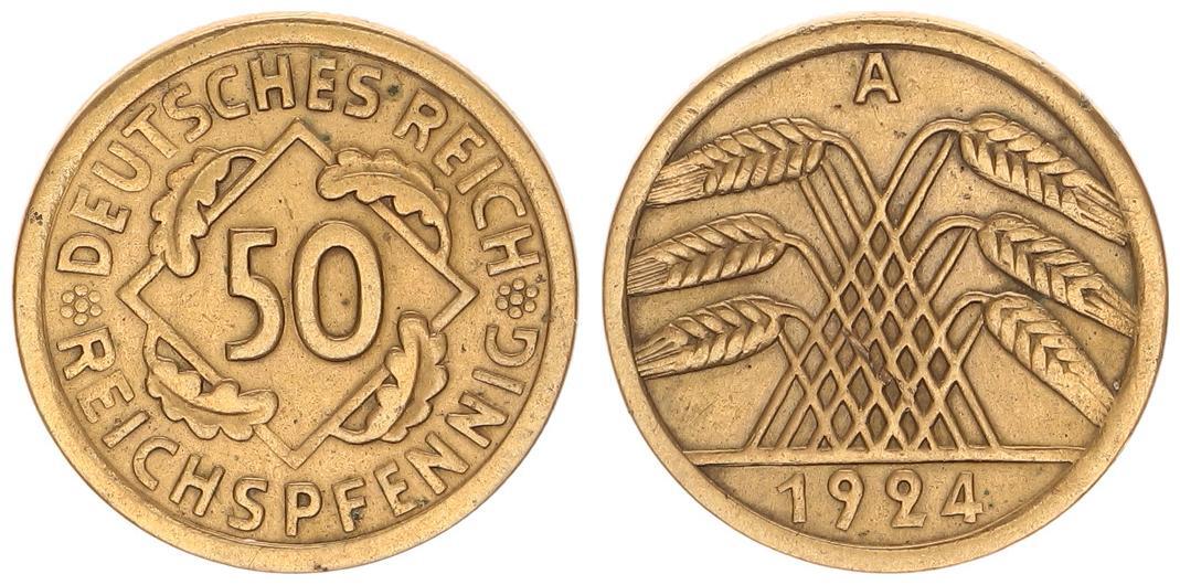Deutschland / Weimar 50 Pfennig Weimar 50 Reichspfennig 1924 A selten ss/ss-vz | MA-Shops