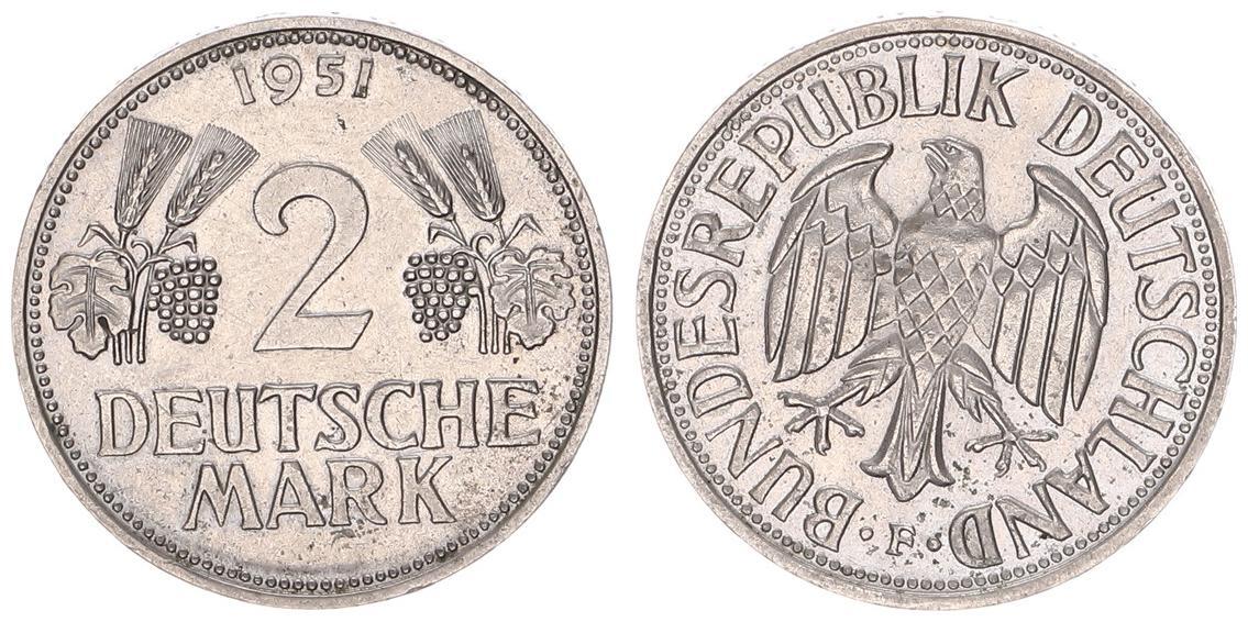 Deutschland 2 DM Kursmünze 1951 F Ähren und Trauben fast vz | MA-Shops