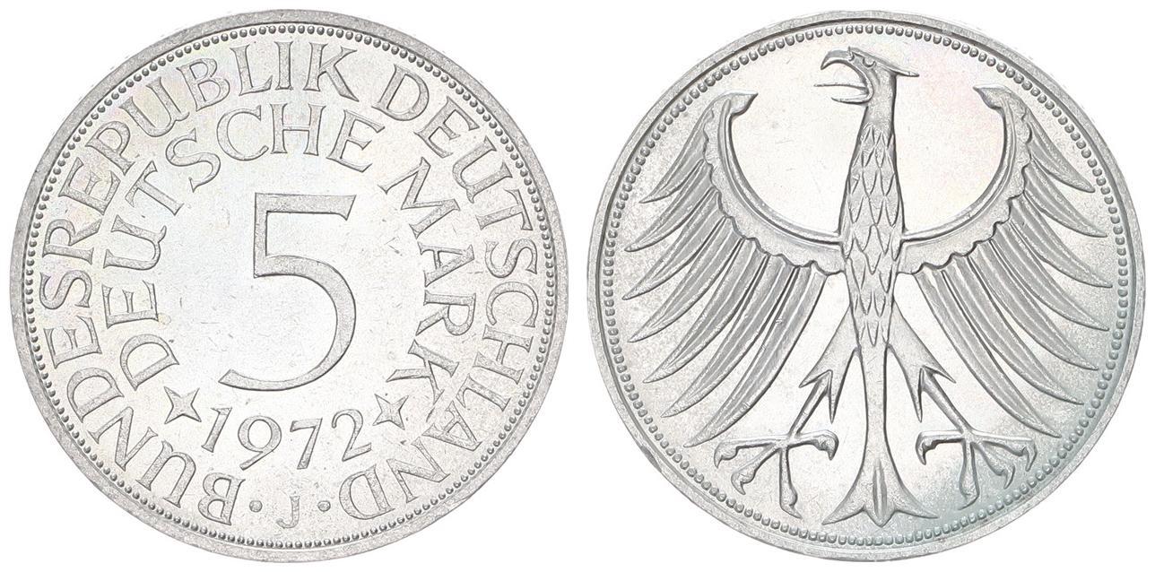 Deutschland 5 DM Silber Kursmünze 1972 J fast Stempelglanz | MA-Shops