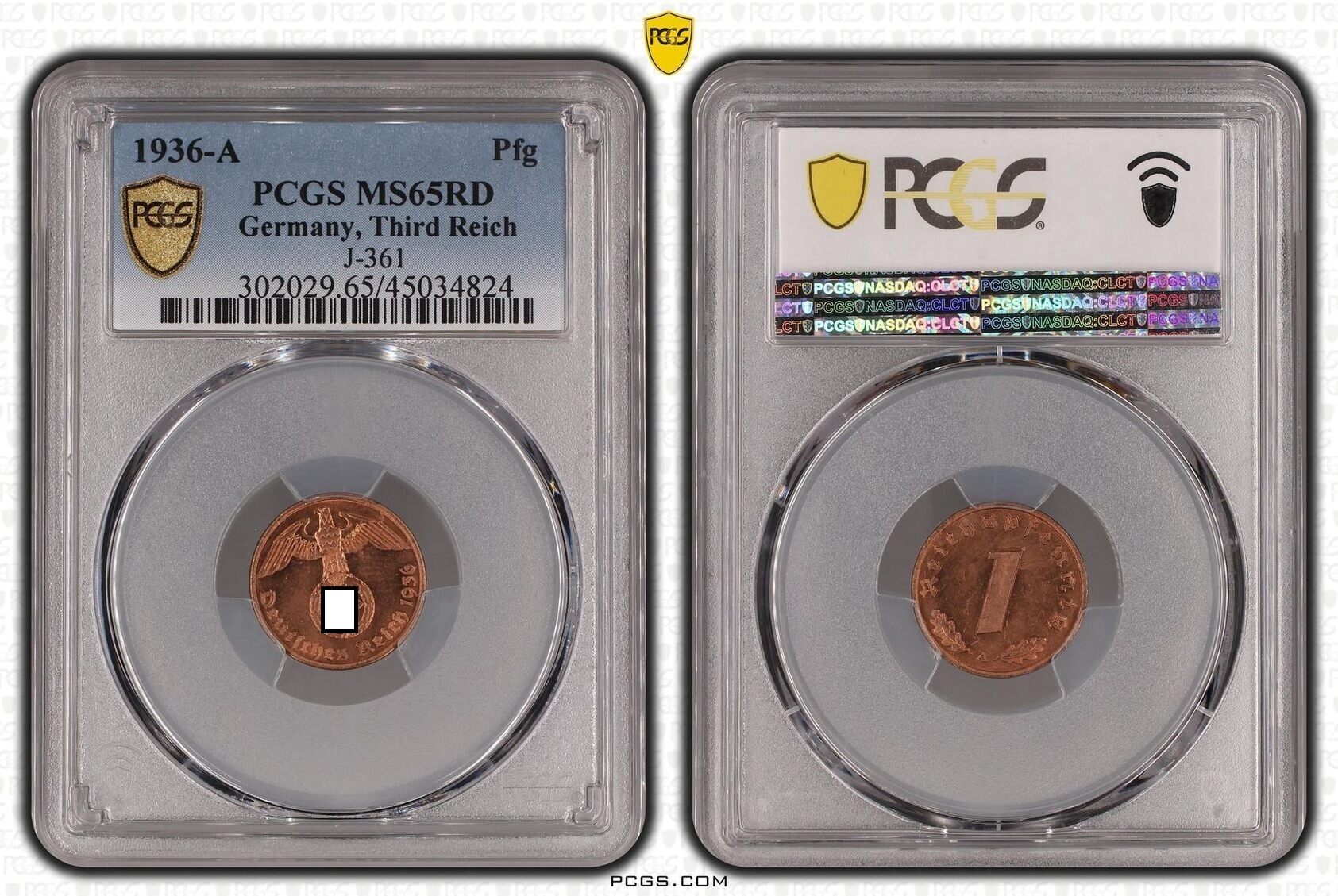Germany, Third Reich 1936-A 1 Pfennig 1936 A J.361 Stempelglanz PCGS zertifiziert PCGS MS65RD ...