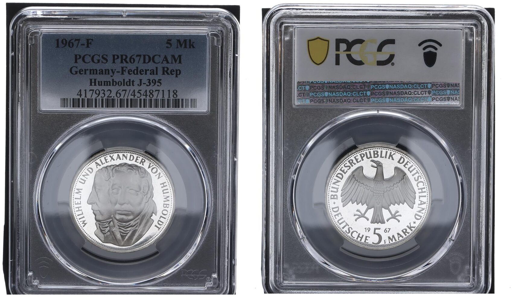 Germany-Federal Rep 1967-F 5 Mark 1967 F Humboldt Gedenkmünze PCGS zertifiziert Polierte Platte ...