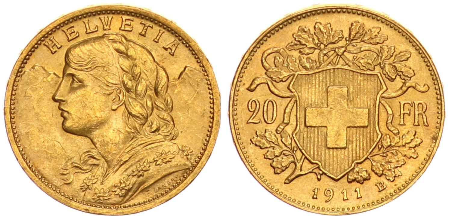 Schweiz Vreneli 20 Franken Gold 1911 B vz-st | MA-Shops