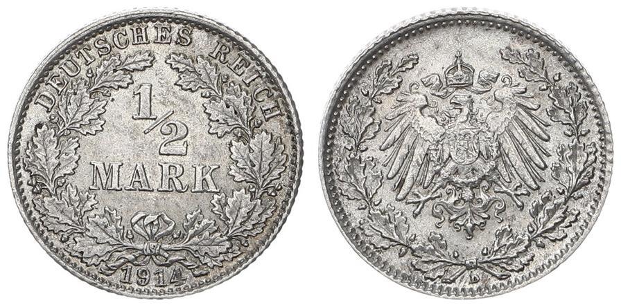 Kaiserreich Deutschland Deutsches Kaiserreich, 1/2 Mark Silber 1914 D* vz+ | MA-Shops