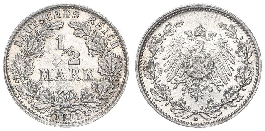 Kaiserreich Deutschland Deutsches Kaiserreich, 1/2 Mark Silber 1912 D * fast prägefrisch,Kratzer ...