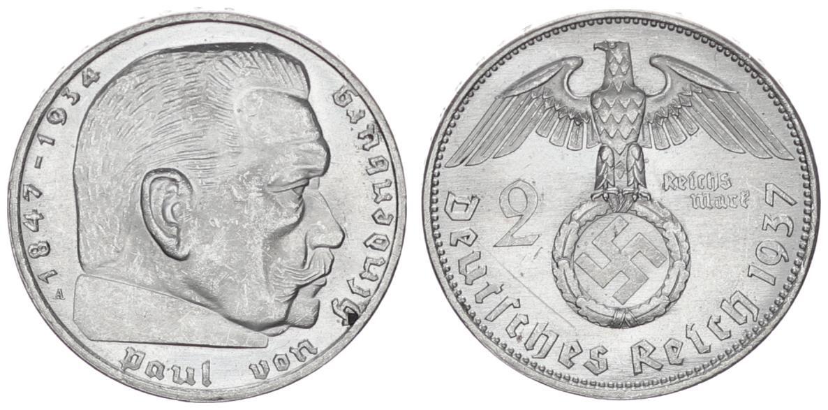 Deutschland - Drittes Reich 3. Reich 2 Mark Hindenburg 1937 A fast st ...