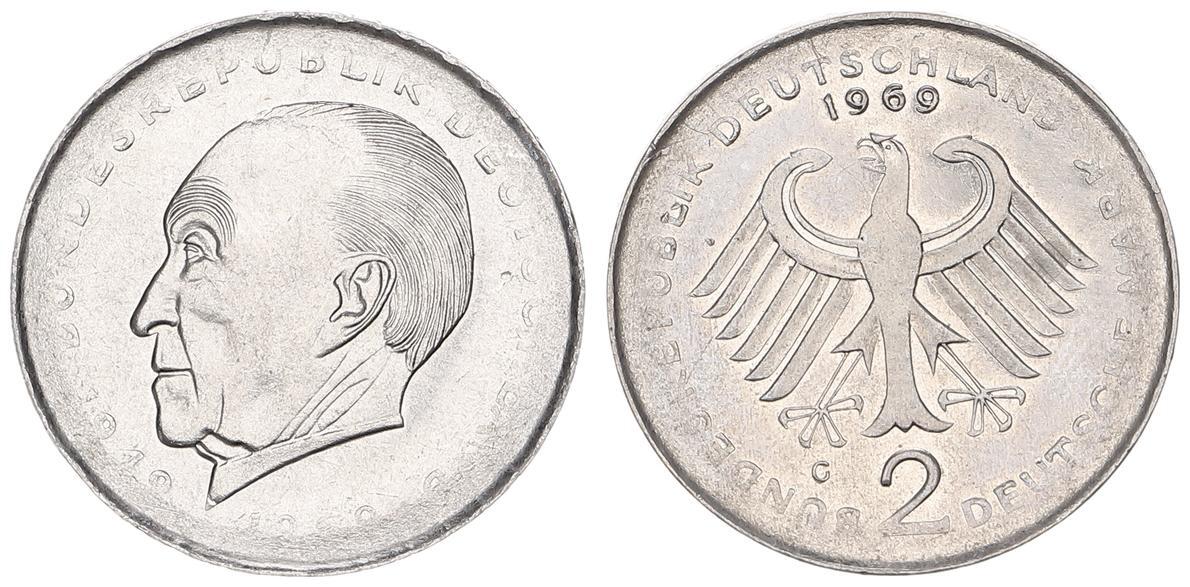 Deutschland 1969 G 2 DM J.406 Adenauer 1969G, Fehlprägung, Schrötling zu dünn, 3,77g, prfr ...