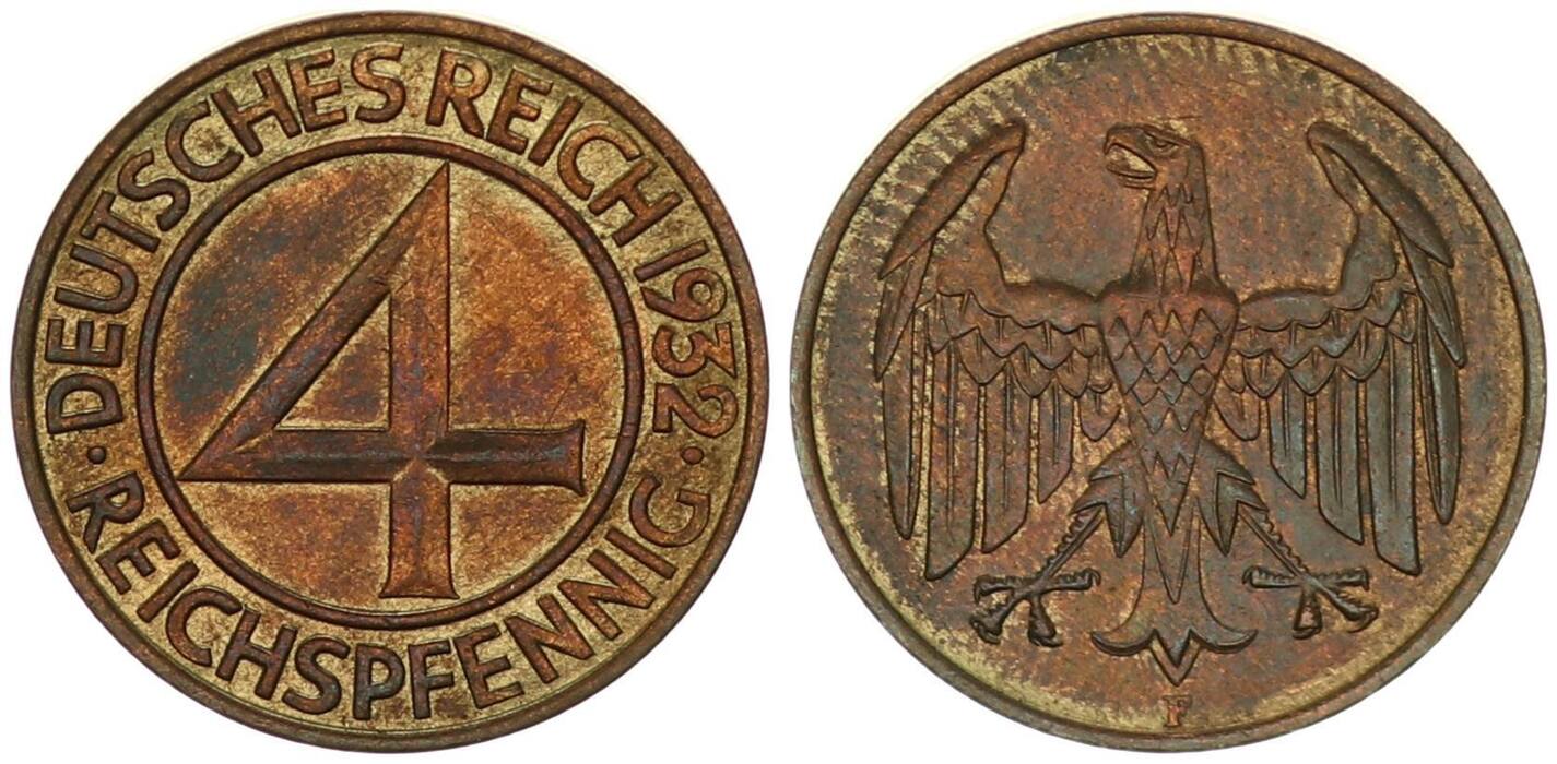 4 Pfennig Weimar, J.315 4 Reichspfennig 1932 F vorzüglich-Stempelglanz ...