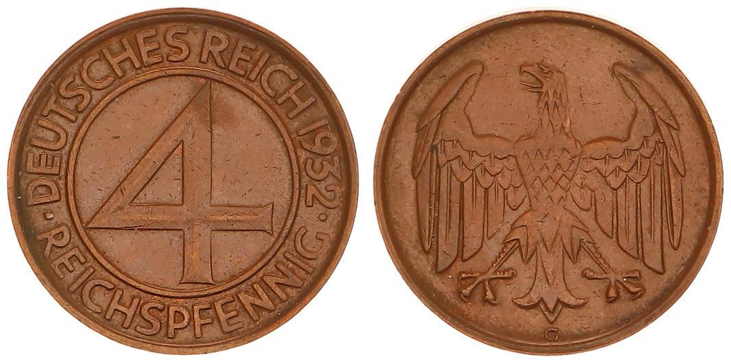 4 Pfennig Weimar 4 Reichspfennig 1932 G sehr schön-vorzüglich | MA-Shops