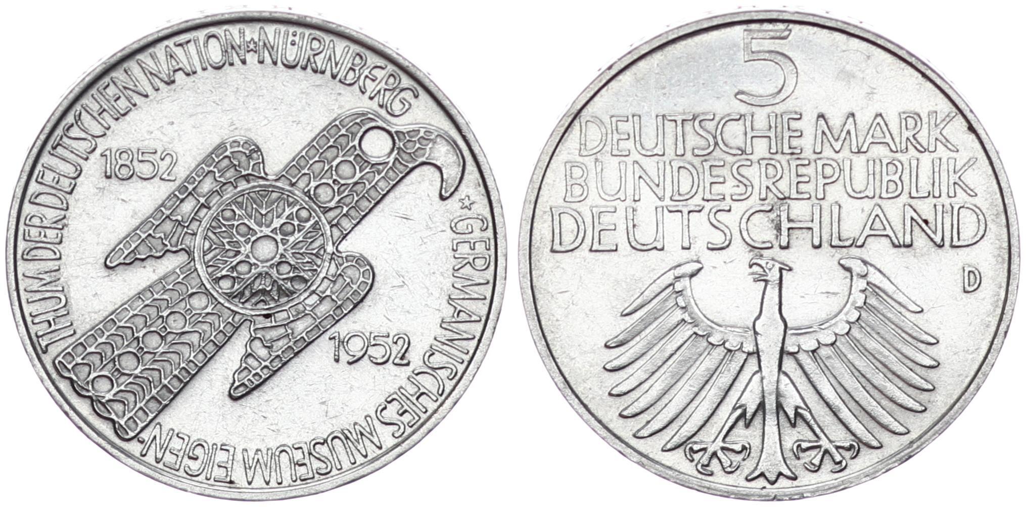 Deutschland BRD 1952 D Bundesrepublik Deutschland 5 Mark Germanisches Museum vz | MA-Shops