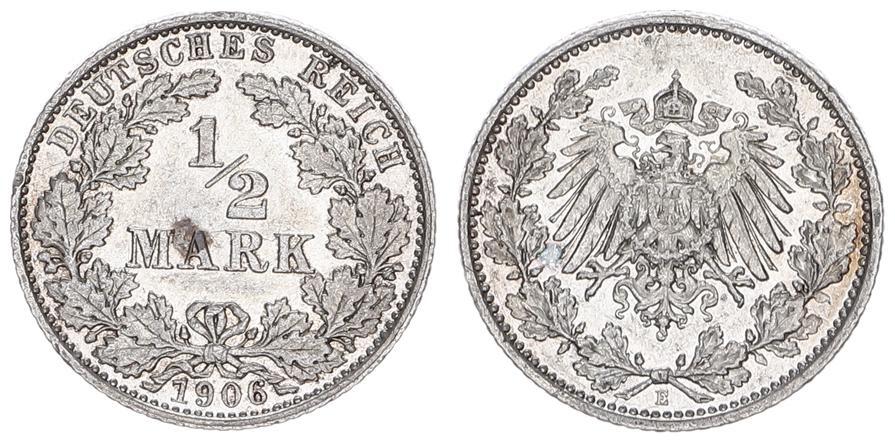 Kaiserreich Deutschland Deutsches Kaiserreich, 1/2 Mark Silber 1906 E * vz-st | MA-Shops