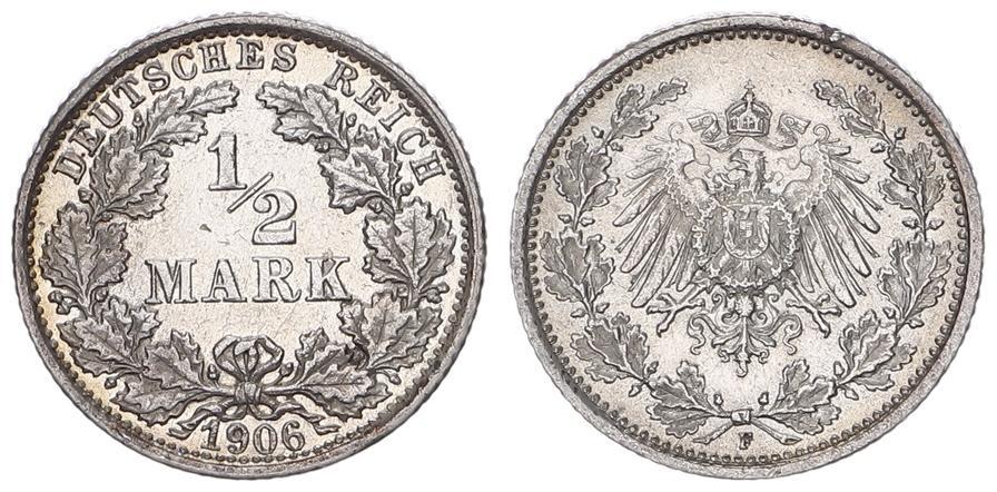 1/2 Mark Silber - 1906 F Deutsches Kaiserreich * vz-st | MA-Shops