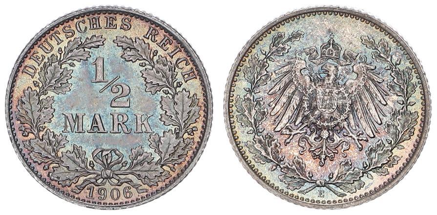 Kaiserreich Deutschland Deutsches Kaiserreich, 1/2 Mark Silber 1906 E * Stempelglanz ,schöne ...
