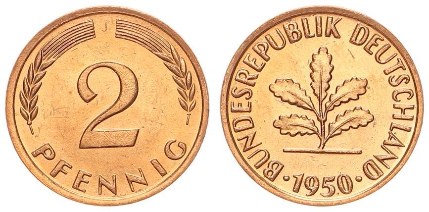 Deutschland BRD 2 Pfennig 1950 J prfr. * prägefrisch | MA-Shops